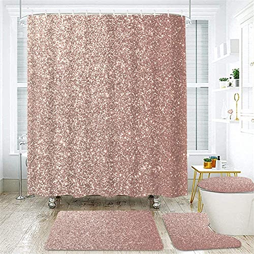 4Pcs Pink Rose Gold Metallic Glitter Shower Curtain Sets with Non Slip Rugs,Toilet Lid Cover and Bath Mat,Waterproof Durable Bathroom Decor Bath Curtains 12 Hooks