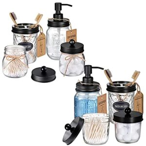 amolliar 4pcs& 4pcs black mason jar bathroom accessories set -2 lotion soap dispenser &2 qtip holder(regular mouth) &2 cotton swab holder (wide mouth)&2 toothbrush holder-rustic farmhouse decor