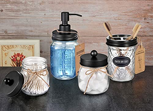 Amolliar 4pcs& 4pcs Black Mason Jar Bathroom Accessories Set -2 Lotion Soap Dispenser &2 Qtip Holder(Regular Mouth) &2 Cotton Swab Holder (Wide Mouth)&2 Toothbrush Holder-Rustic Farmhouse Decor