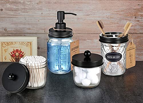 Amolliar 4pcs& 4pcs Black Mason Jar Bathroom Accessories Set -2 Lotion Soap Dispenser &2 Qtip Holder(Regular Mouth) &2 Cotton Swab Holder (Wide Mouth)&2 Toothbrush Holder-Rustic Farmhouse Decor