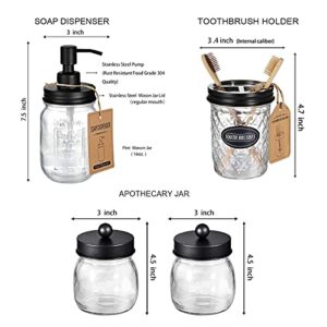 Amolliar 4pcs& 4pcs Black Mason Jar Bathroom Accessories Set -2 Lotion Soap Dispenser &2 Qtip Holder(Regular Mouth) &2 Cotton Swab Holder (Wide Mouth)&2 Toothbrush Holder-Rustic Farmhouse Decor