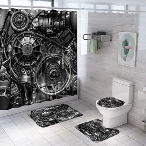 AtGoWac 4 Pieces Engine Shower Curtain Sets with Rugs, Black and White Man Cave Shower Curtain Set of 4 Piece, Men's Bathroom Decor