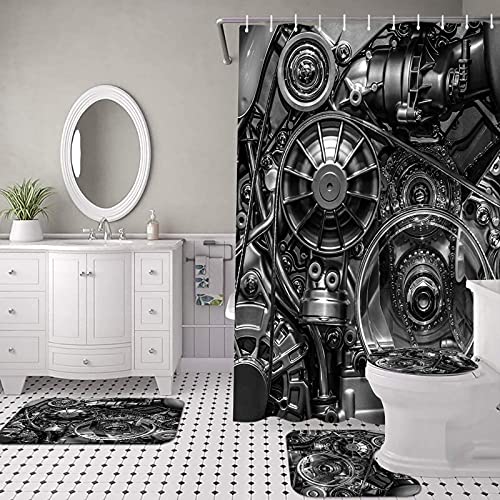 AtGoWac 4 Pieces Engine Shower Curtain Sets with Rugs, Black and White Man Cave Shower Curtain Set of 4 Piece, Men's Bathroom Decor