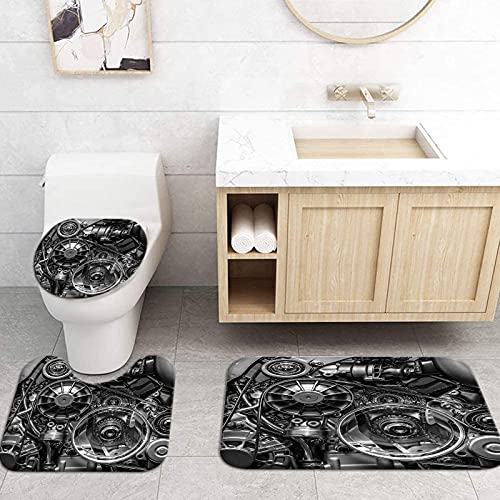 AtGoWac 4 Pieces Engine Shower Curtain Sets with Rugs, Black and White Man Cave Shower Curtain Set of 4 Piece, Men's Bathroom Decor