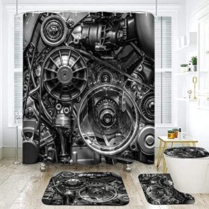 AtGoWac 4 Pieces Engine Shower Curtain Sets with Rugs, Black and White Man Cave Shower Curtain Set of 4 Piece, Men's Bathroom Decor