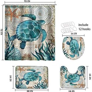 YRIGSUN Sea Turtle Nautical Shower Curtain Sets with Non-Slip Rugs Toilet Lid Cover and Bath Mat Beach Ocean Decor Coastal Shower Curtains with 12 Hooks Fabric Bath Curtain