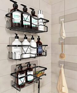 longzon shower caddy with 6 traceless adhesive, 3 pack shower organizer, no drilling stainless steel shower shelf, for bathroom suction cup storage rack shelves black