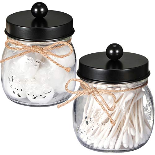 SheeChung Apothecary Jars Set,Mason Jar Decor Bathroom Vanity Storage Organizer Canister,Premium Glass Qtip Holder Dispenser for Cotton Swabs,Ball-Stainless Steel Lid (Black, 2-Pack)