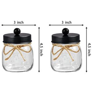 SheeChung Apothecary Jars Set,Mason Jar Decor Bathroom Vanity Storage Organizer Canister,Premium Glass Qtip Holder Dispenser for Cotton Swabs,Ball-Stainless Steel Lid (Black, 2-Pack)