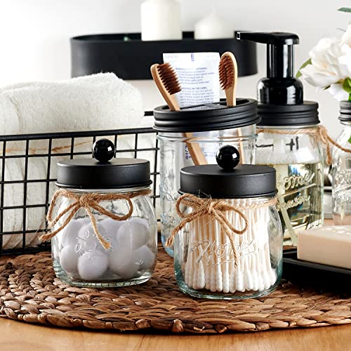 SheeChung Apothecary Jars Set,Mason Jar Decor Bathroom Vanity Storage Organizer Canister,Premium Glass Qtip Holder Dispenser for Cotton Swabs,Ball-Stainless Steel Lid (Black, 2-Pack)