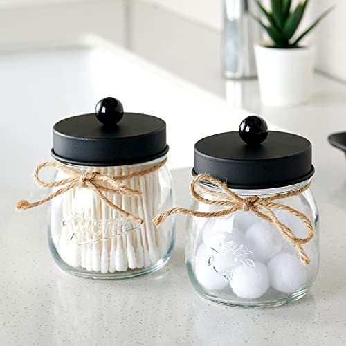 SheeChung Apothecary Jars Set,Mason Jar Decor Bathroom Vanity Storage Organizer Canister,Premium Glass Qtip Holder Dispenser for Cotton Swabs,Ball-Stainless Steel Lid (Black, 2-Pack)