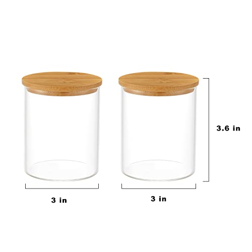 INIUNIK Glass Qtip Holder Dispenser with Bamboo Lid 2 Pack Apothecary Jars Cotton Balls Pads Swabs Holder Jar Bathroom Vanity Canisters Jars for Countertop Storage and Organization