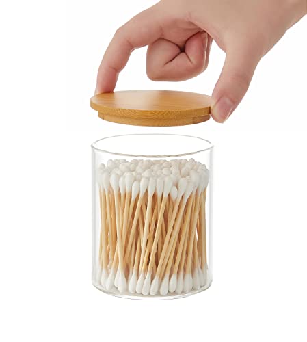 INIUNIK Glass Qtip Holder Dispenser with Bamboo Lid 2 Pack Apothecary Jars Cotton Balls Pads Swabs Holder Jar Bathroom Vanity Canisters Jars for Countertop Storage and Organization