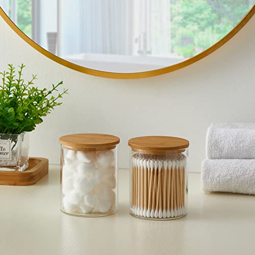 INIUNIK Glass Qtip Holder Dispenser with Bamboo Lid 2 Pack Apothecary Jars Cotton Balls Pads Swabs Holder Jar Bathroom Vanity Canisters Jars for Countertop Storage and Organization