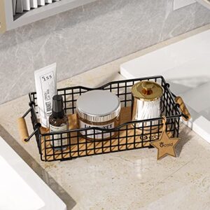 metal wire basket storage, bathroom basket for organizing, bathroom counter organizer with wooden handles, farmhouse bathroom decor tray, toilet paper basket storage (small, black)