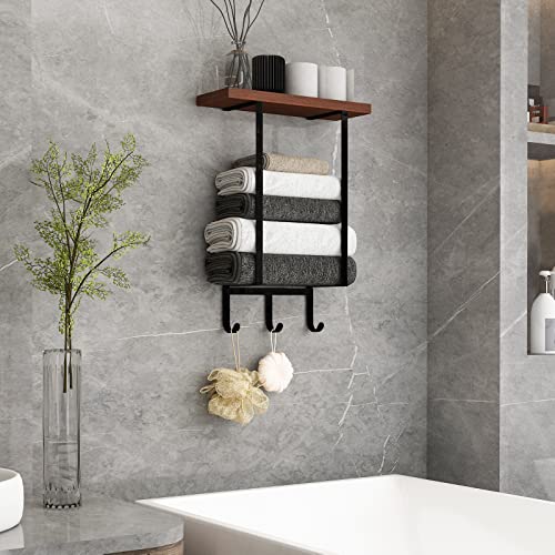 ZUJJAFY Towel Racks for Bathroom Wall Mounted Towel Rack with Wooden Shelf & 3 Hooks, Towel Holder for Small Bathroom Wall Decor, Bath Towel Storage for Rolled Towels Organizer, Matte Black