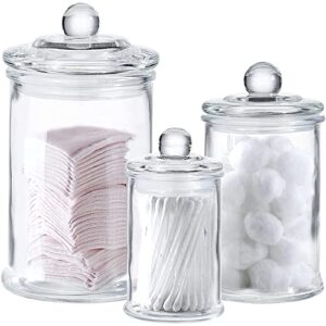 premium glass apothecary jars with lids | set of 3 | small glass jars for kitchen or bathroom storage / qtip holder / cotton swab holder | glass jar with lid for laundry room storage, bathroom canisters, mason jar bathroom accessories set | bathroom jars