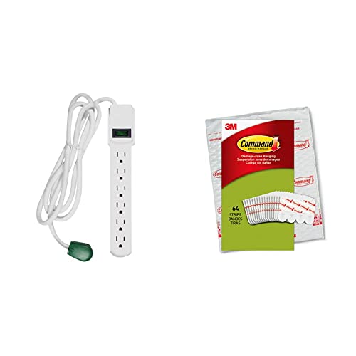 Go Green Power GG-16106MS Surge Protector, 6 FT, White, 6 FT & Command Poster Strips, Damage Free Hanging Poster Hangers, 64 White Command Adhesive Strips