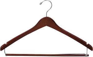 the great american hanger company curved wood suit hanger w/locking bar, box of 100 17 inch hangers w/walnut finish & chrome swivel hook & notches for shirt dress or pants