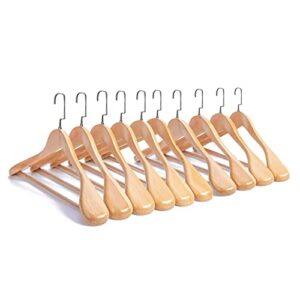 wooden hangers wide shoulder wood hangers 10 pack coat hangers suit hangers with non slip pant bar smooth finish 360° swivel hook solid wood hangers for dress, jacket, sweater, pants, suit