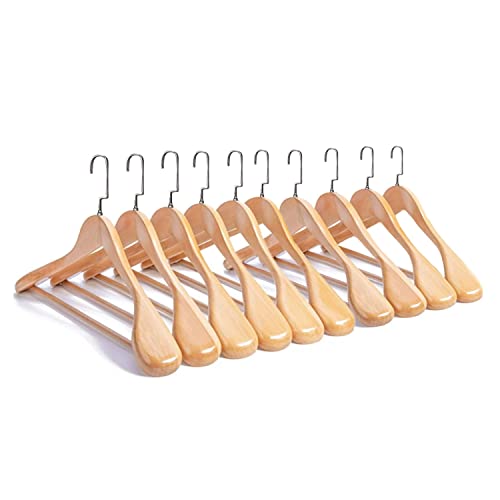 Wooden Hangers Wide Shoulder Wood Hangers 10 Pack Coat Hangers Suit Hangers with Non Slip Pant Bar Smooth Finish 360° Swivel Hook Solid Wood Hangers for Dress, Jacket, Sweater, Pants, Suit