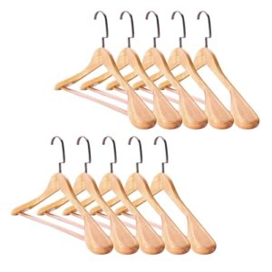 Wooden Hangers Wide Shoulder Wood Hangers 10 Pack Coat Hangers Suit Hangers with Non Slip Pant Bar Smooth Finish 360° Swivel Hook Solid Wood Hangers for Dress, Jacket, Sweater, Pants, Suit