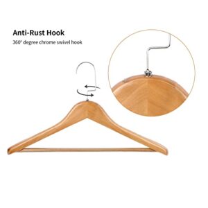 Wooden Hangers Wide Shoulder Wood Hangers 10 Pack Coat Hangers Suit Hangers with Non Slip Pant Bar Smooth Finish 360° Swivel Hook Solid Wood Hangers for Dress, Jacket, Sweater, Pants, Suit