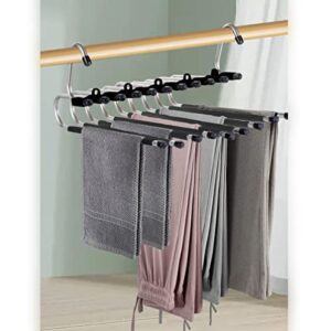 DIFENLUN Trouser Rack,2 Pack,5 Layer Multifunctional Trouser Rack,Space-Saving Stainless Steel,Non-Slip Design,Suitable for Pants Skirt Scarf,Magic Hangers(Black)