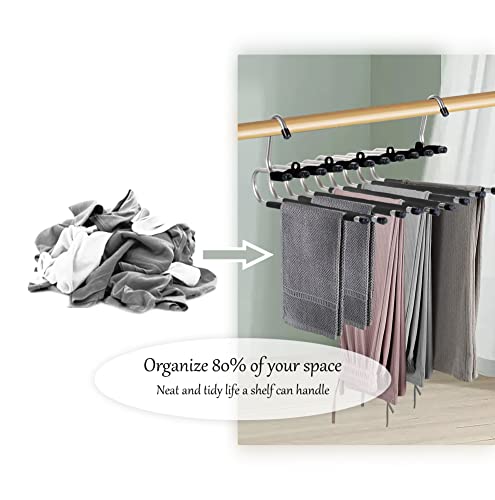 DIFENLUN Trouser Rack,2 Pack,5 Layer Multifunctional Trouser Rack,Space-Saving Stainless Steel,Non-Slip Design,Suitable for Pants Skirt Scarf,Magic Hangers(Black)