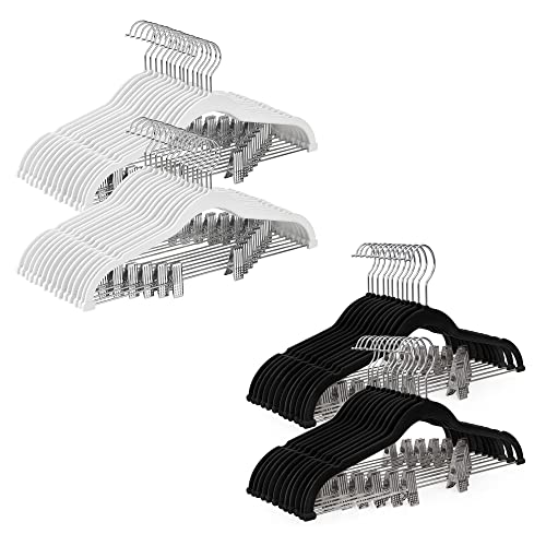 SONGMICS Pants Hangers Bundle, 2 Sets of 30-Pack Velvet Hangers with Adjustable Clips, Non-Slip, Space-Saving for Pants, Skirts, Coats, Dresses, Tank Tops, White and Black UCRF012W02 and UCRF12B30