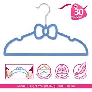 Kids Velvet Hangers (13" - 30 Pack) - Baby Clothes Hangers with Blue Bow Design for Ages 4-12 -Toddler Hangers - Non-Slip Baby Hanger & Small Hangers - Baby Hangers Velvet & Baby Felt Hangers