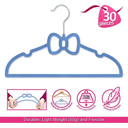 Kids Velvet Hangers (13" - 30 Pack) - Baby Clothes Hangers with Blue Bow Design for Ages 4-12 -Toddler Hangers - Non-Slip Baby Hanger & Small Hangers - Baby Hangers Velvet & Baby Felt Hangers