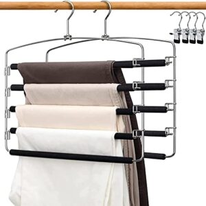 homa jia pants hangers space saver 3 pack and 4 heavy duty clips, space saving multi bar metal pant hangers, stable with non-slip padding, perfect for hang jeans trousers ties scarf belt etc