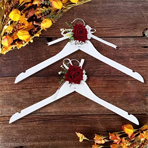 Yean Flower Wedding Hangers White Wood Color Bow Knot Bride Dress Hanger Groom Suit Hanger Engraved Bridal Gown Hanger for Women and Men (Bride and Groom (Pack of 2)