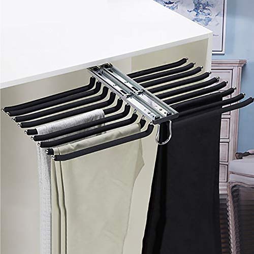 KDDFN Pull-Out Trousers Rack Drawer,Pants Hangers,Multi Functional Pants Rack,Space Saving,Easy Installation,Non-Slip,Can Store 18 Pairs of Pants (Black)