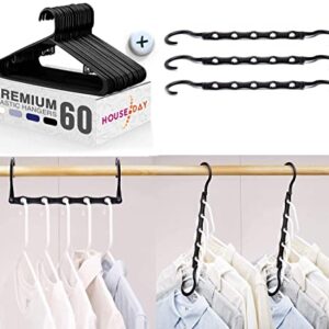 HOUSE DAY Space Saving Hangers10 Pack and Black Plastic Hangers 60pack, Save More Than 80% of Your Closet Space