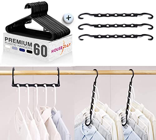 HOUSE DAY Space Saving Hangers10 Pack and Black Plastic Hangers 60pack, Save More Than 80% of Your Closet Space