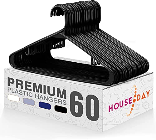 HOUSE DAY Space Saving Hangers10 Pack and Black Plastic Hangers 60pack, Save More Than 80% of Your Closet Space