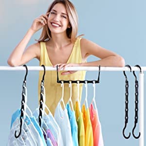 HOUSE DAY Space Saving Hangers10 Pack and Black Plastic Hangers 60pack, Save More Than 80% of Your Closet Space