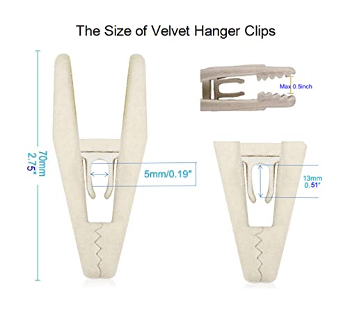 Ivory Velvet Standard Hanger (Pack of 50) with Velvet Hanger Clips Beige(Pack of 6)-Heavyduty No.Slip No.Hanger Marks-Premium Soft Velvet for Hangers and Clips