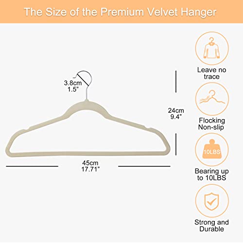 Ivory Velvet Standard Hanger (Pack of 50) with Velvet Hanger Clips Beige(Pack of 6)-Heavyduty No.Slip No.Hanger Marks-Premium Soft Velvet for Hangers and Clips