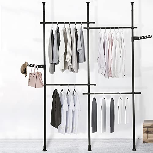 DYN Ptah Black Clothing Rack for Hanging Clothes, Double 2 Tier Adjustable Heavy Duty Free-Standing Closet System Garment Racks, Floor to Ceiling Cloth Organizer