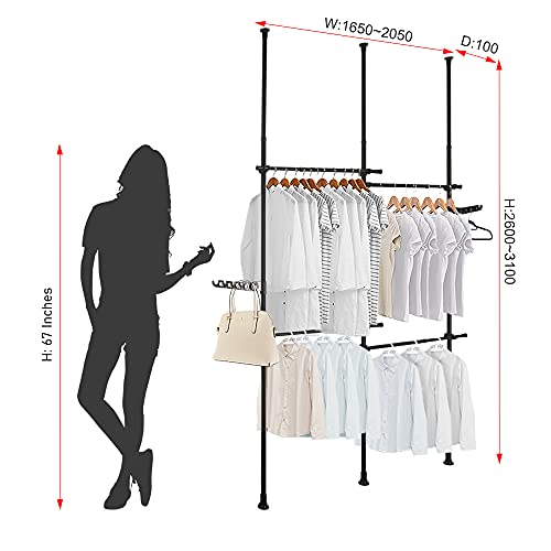 DYN Ptah Black Clothing Rack for Hanging Clothes, Double 2 Tier Adjustable Heavy Duty Free-Standing Closet System Garment Racks, Floor to Ceiling Cloth Organizer