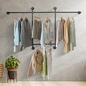 ZYUXUAN Industrial Wall Clothes Rack, Heavy-Duty Clothing Rack, Pipe Style Garment Rack with Four Hanging Rods for Bedroom, Laundry Room, Retail Store, Rustic Black (four hanging rods)