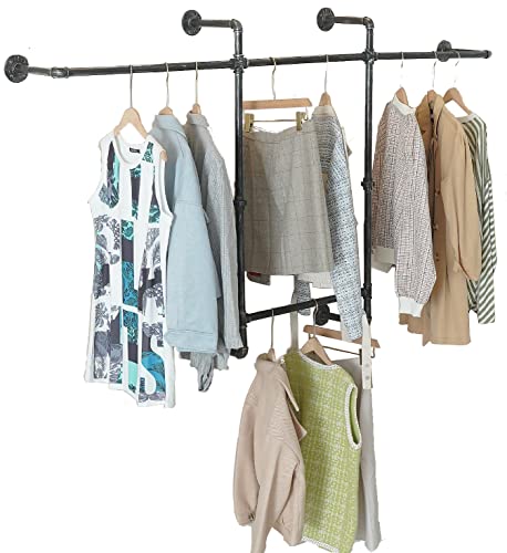 ZYUXUAN Industrial Wall Clothes Rack, Heavy-Duty Clothing Rack, Pipe Style Garment Rack with Four Hanging Rods for Bedroom, Laundry Room, Retail Store, Rustic Black (four hanging rods)