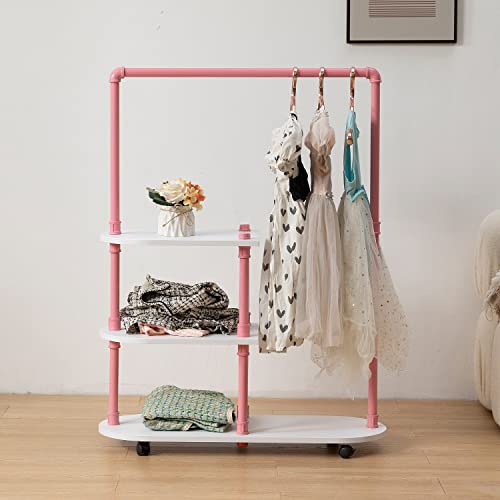 ZYUXUAN Dress up Rack, Child Garment Rack, Kids Clothing Rack with Storage Shelves, Small Open Wood Clothes Rack with Rolling Wheels for Small Spaces, Industrial Pipes Garment rack, Pink White