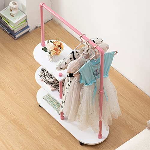 ZYUXUAN Dress up Rack, Child Garment Rack, Kids Clothing Rack with Storage Shelves, Small Open Wood Clothes Rack with Rolling Wheels for Small Spaces, Industrial Pipes Garment rack, Pink White