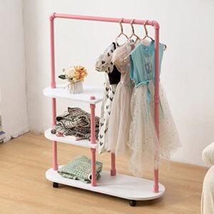 ZYUXUAN Dress up Rack, Child Garment Rack, Kids Clothing Rack with Storage Shelves, Small Open Wood Clothes Rack with Rolling Wheels for Small Spaces, Industrial Pipes Garment rack, Pink White