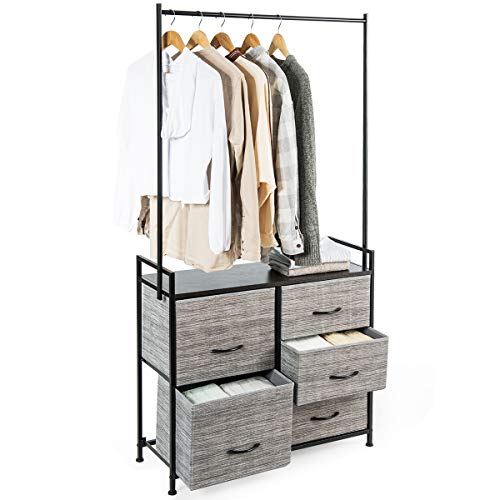 Nightcore Portable Clothing Rack, Freestanding Clothes Closet Organizers with 5 Storage Boxes, Fabric Drawers with Garment Rack for Bedroom Living Room Cloakroom