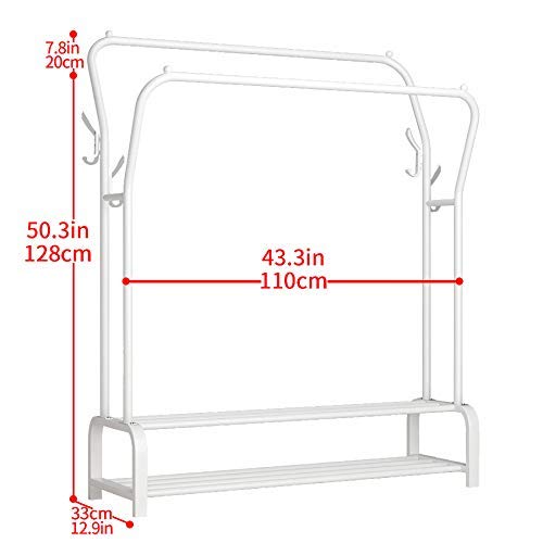 ACCSTORE Garment Rack Drying Rack Freestanding Hanger Double Rails Bedroom Clothing Rack with 2-Tier Lower Storage Shelf,White